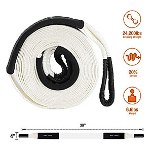 RAYTEEN Nylon Kinetic Snatch Strap(4in x 30ft) Genuine 24,200lb Pulling Force (Lab Tested 30,000lb) and 20% Elongation with Reinforced Loops and Protection Sleeves, White-Environment Friendly Color