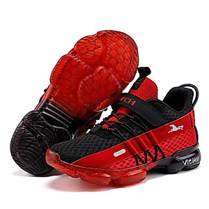 JMFCHI Boys Girls Kids' Sneakers Knitted Mesh Sports Shoes Breathable Lightweight Running Shoes for Kids Fashion Athletic Casual Shoes Black/Red Size 5
