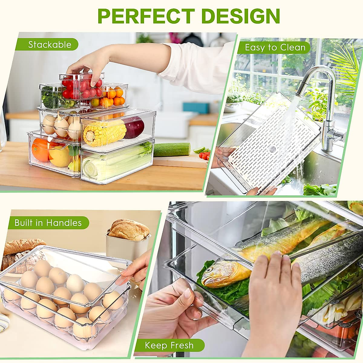 8 Pack Fridge Organizer with Egg Holder, PBA-Free Refrigerator Organizer Bins with Lids, Stackable Plastic Pantry Organizer Bins for Kitchen, Countertops, Cabinets, Fridge, Fruits, Vegetable, Cereals