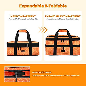 Maelstrom Insulated Casserole Carrier For Hot or Cold Food,Expandable Lasagna Lugger Tote,Collapsible Leakproof Large Food Buds,Portable Tote For Party,Picnic,Camping,Vibrant Orange
