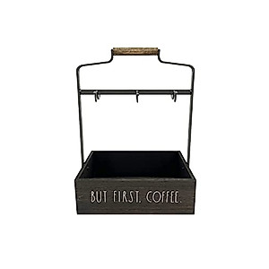 Rae Dunn Coffee Mug Holder - 6 Hook Coffee Cup Rack with Rectangular Rustic Style Crockery Holder - Storage or Display - Mug Stand Organizer for Kitchen Counter or Cafe Countertop - But First Coffee