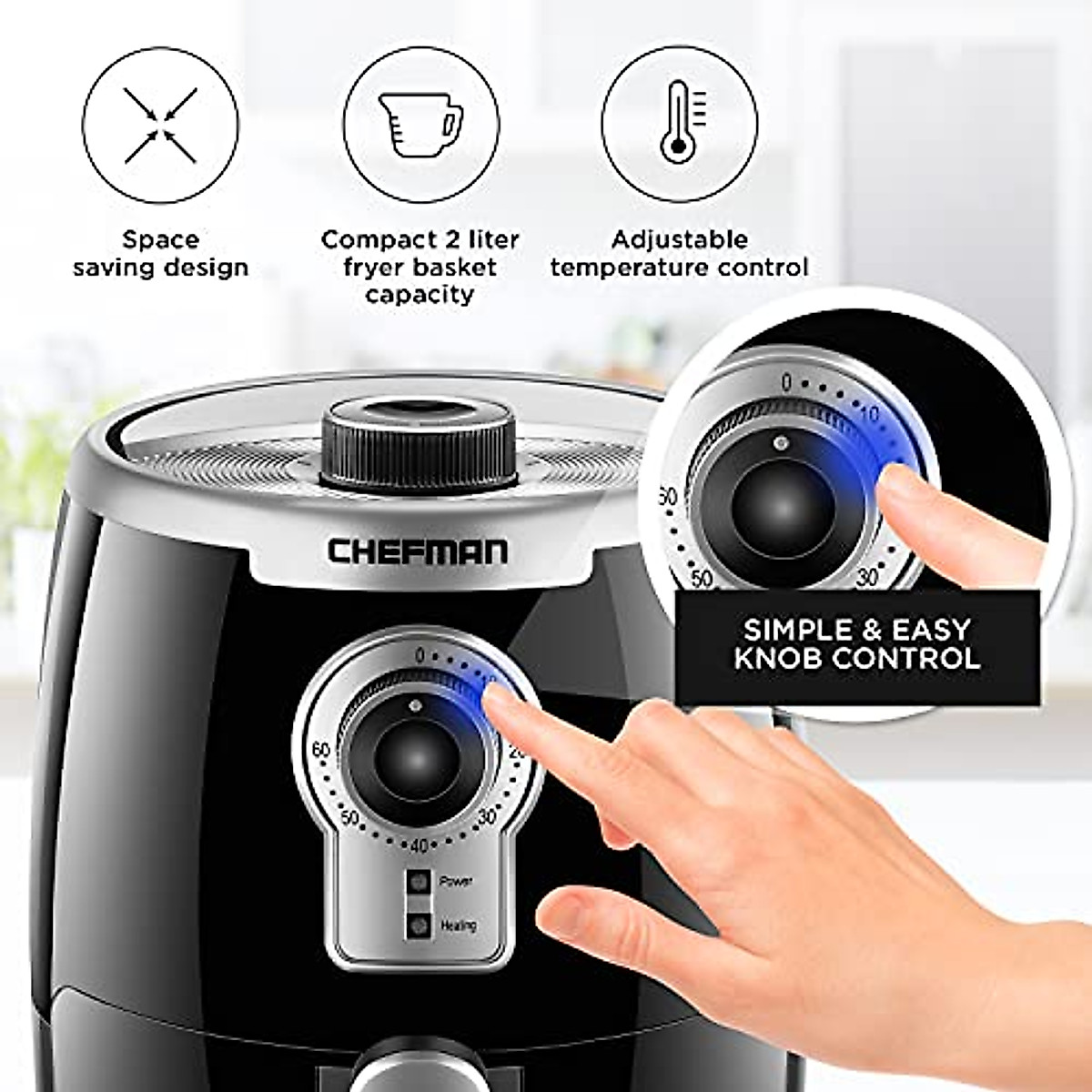 Chefman Small Compact Air Fryer Healthy Cooking, 2 Qt Nonstick, User Friendly and Adjustable Temperature Control w/ 60 Minute Timer & Auto Shutoff, Dishwasher Safe Basket, BPA-Free, 2 Quart, Black