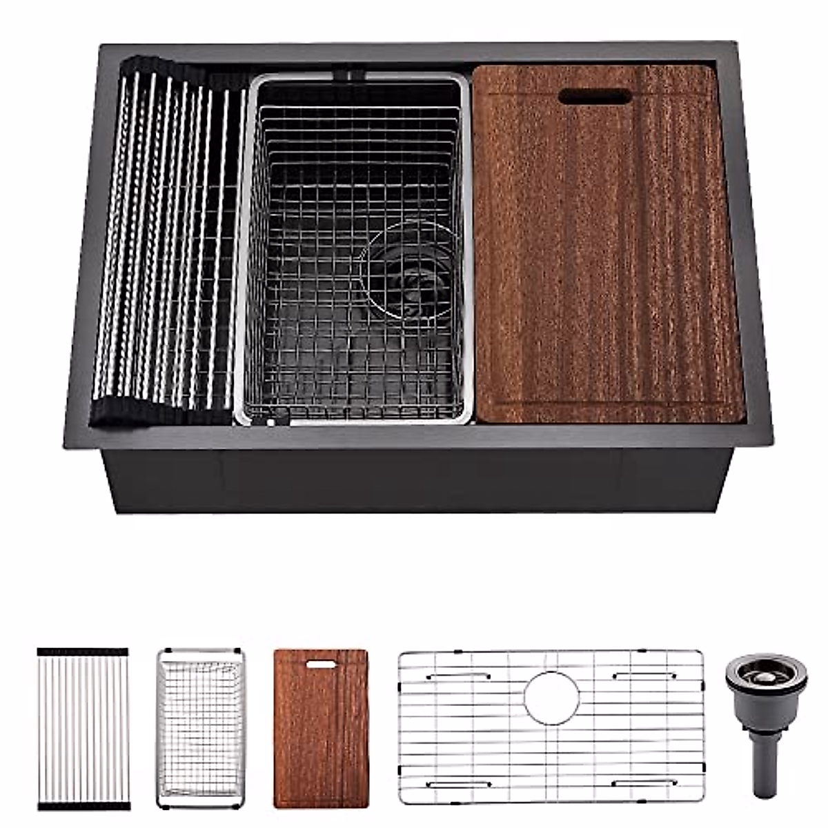 27 Black Undermount Workstation Kitchen Sink, Dorzom 27”x19” Metallic Matte Black Stainless Steel 18 Gauge 10 Inch Deep Undermount Workstation Single Bowl Kitchen Sink with Accessories