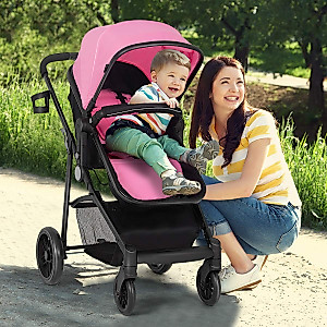 HONEY JOY Baby Stroller, High Landscape Convertible Infant Bassinet Stroller, Adjustable Canopy & Backrest, Storage Basket, Cup Holder, Foldable Newborn Carriage Pram Stroller (Pink)