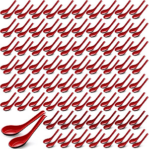 Hushee 200 Pieces Asian Soup Bulk Spoons 6.3 Inch Chinese Japanese Korean Style Spoon Serving Wonton Soba Rice Melamine Spoon with Hook for Pho Ramen Noodle Dumpling Dinner, Black and Red
