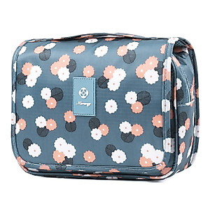 Narwey Hanging Toiletry Bag for Women Travel Makeup Bag Organizer Toiletries Bag for Travel Size Cosmetics Essentials Accessories (Blue Flower)