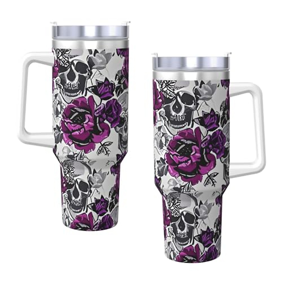 ZHSGNMHH Floral Skull 40oz Tumbler With Handle And Straw Stainless Steel Hot/Cold Travel Coffee Cup With Lid