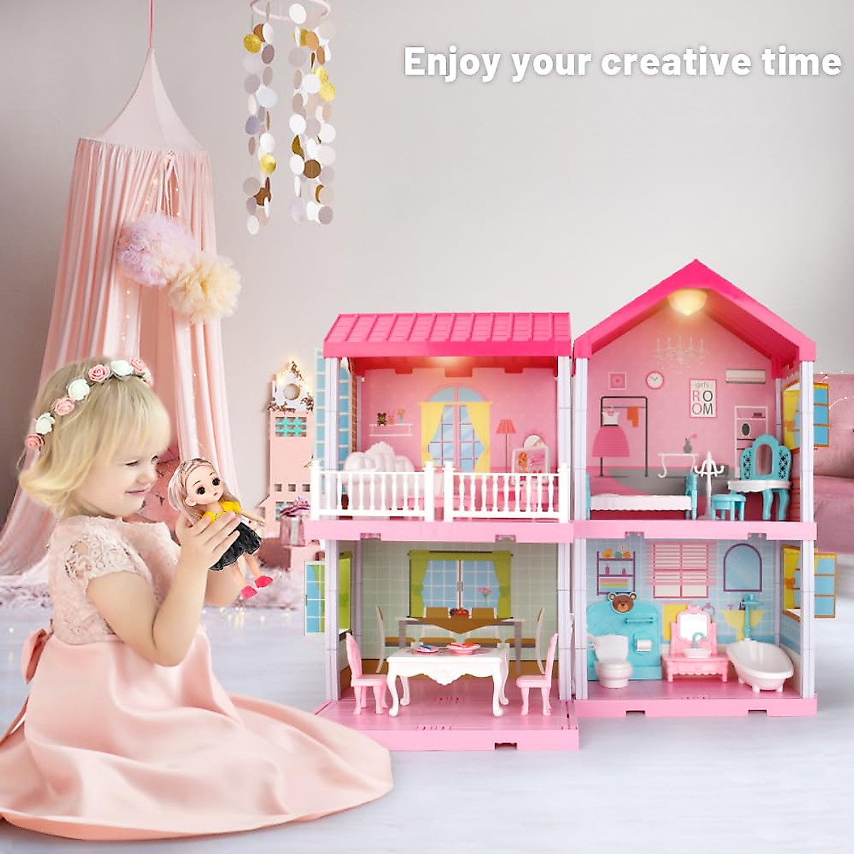 Elf Lab Dollhouse Building Toys, Princess Doll House, Playset with Lights, Furniture, Accessories and Dolls, Cottage Pretend Doll House Set, Creative Present for Girls Toddlers (4 Rooms)