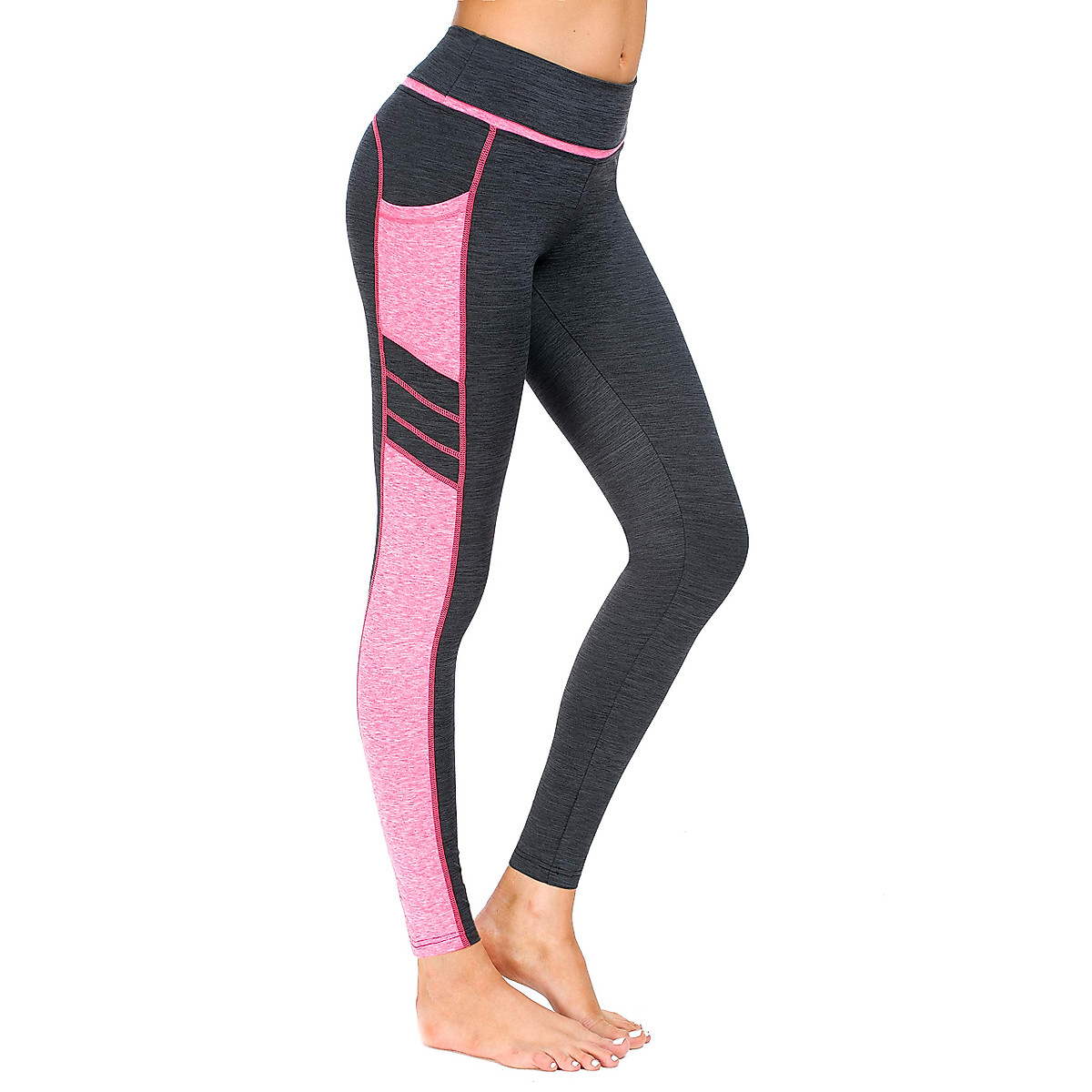 Flatik Women's Activewear Workout Yoga Pants Exercise Running Leggings with Side Pocket (X-Large, 1013Black/Black White)