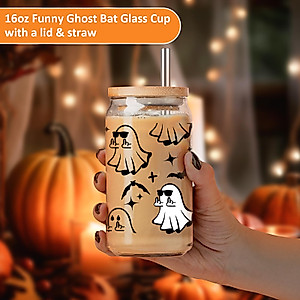 GSPY Halloween Ghost Glass Cups with Lids & Straws - Cute Spooky Iced Coffee Cup, 16 oz Middle Finger Ghost Bat Tumbler Fall Mug, Funny Halloween Gifts, Boo Basket Stuffers for Her Women Adults