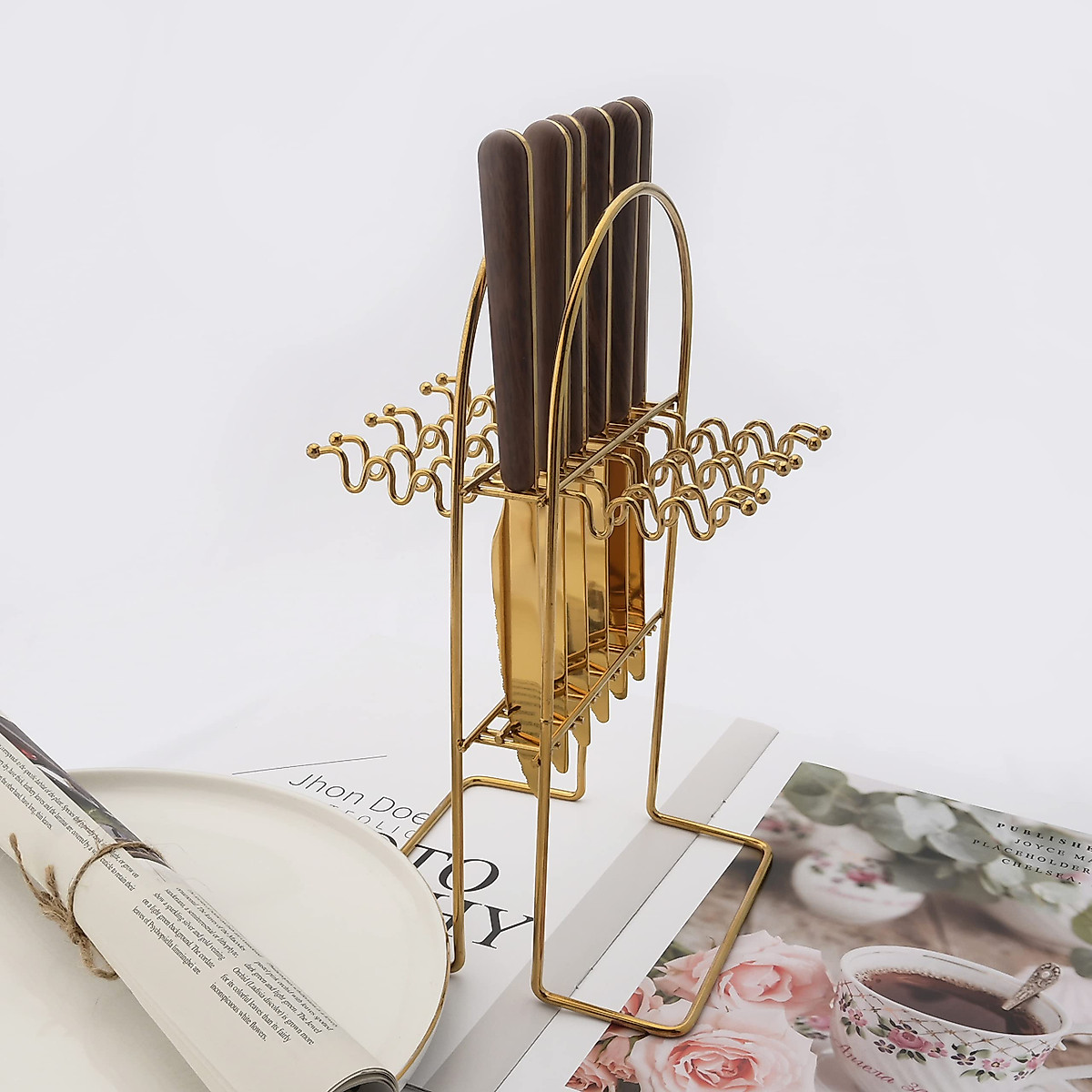 Silverware Set with Holder - Uniturcky Hanging Flatware Set with Stand - 24PCS Cutlery Set with Faux Wooden Handle - Stainless Steel Utensils Set for Home Restaurant Party (Gold, Service for 6)