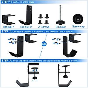 Yaocom 2 Pcs Under Desk Headphone Hanger Practical Headphone Stand Hanger Black Steel Headphone Holder Space-Saving Headphones Hook for Soundbar Small Items Desk Office