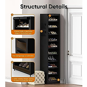 kefron Narrow Shoe Rack Organizer with Oxford Dustproof Cover, 0.13㎡ 10 Tiers 20-22 Pairs Tall Shoe Storage Rack for Closet Enteryway Vertical Shoe Organizer Shell