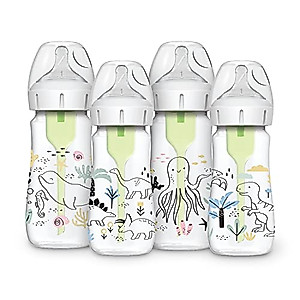 Dr. Brown’s Natural Flow® Anti-Colic Options+™ Wide-Neck Baby Bottle Designer Edition Bottles, Dinosaur and Ocean Design, 9 oz/270 mL, Level 1 Nipple, 4-Pack, 0m+