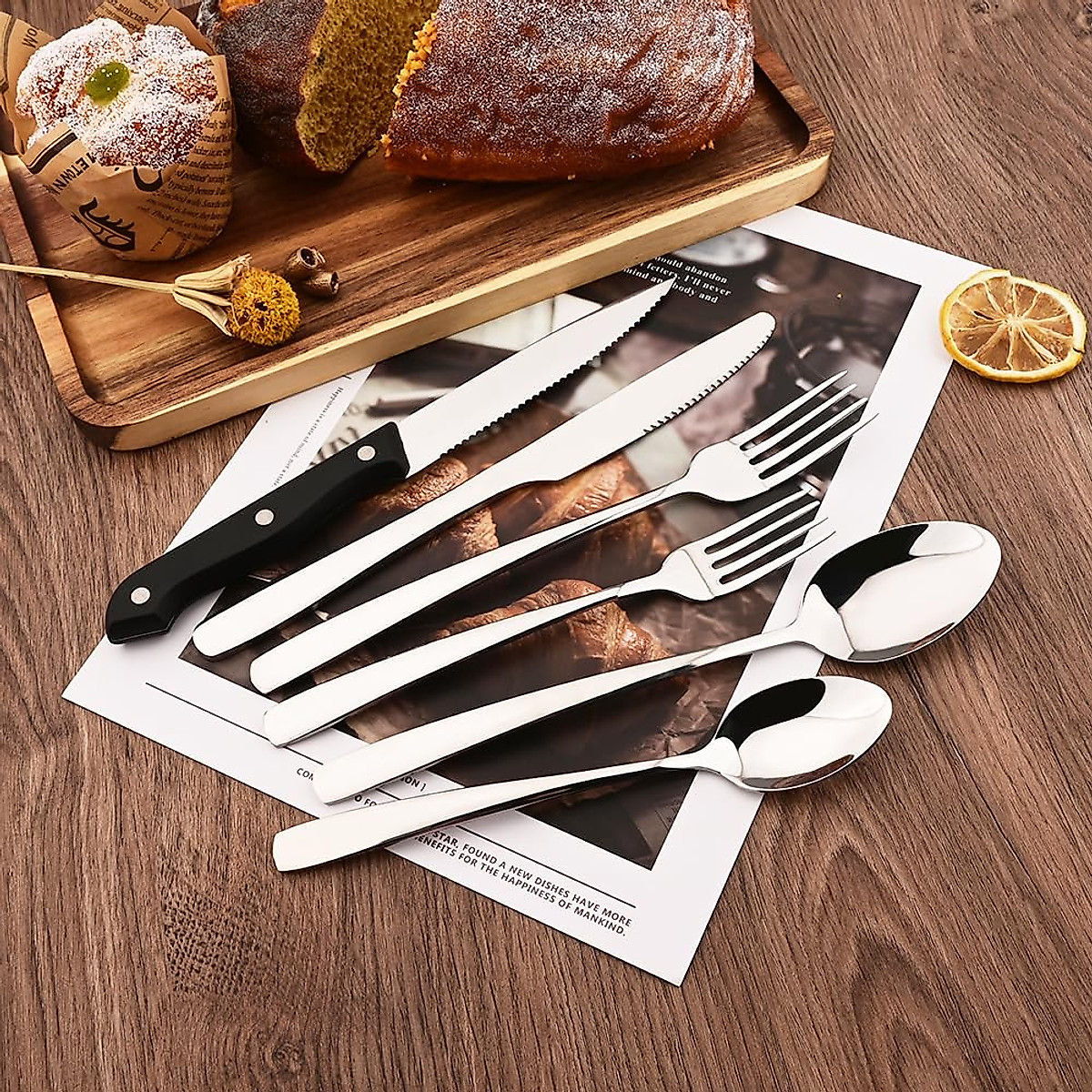 Flatware Set For 4 With Steak Knives, Uniturcky 24 Pcs 304 (18/8) Stainless Steel Silverware Cutlery Utensils Sets, Mirror Finished Forks Spoons and Knives Set, Dishwasher Safe