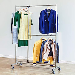 Tatkraft Marvel Heavy Duty Adjustable Clothes Rack on Wheels, Rolling Double Rod Garment Rack, Chromed Steel