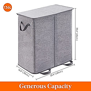 Lifewit 136L Double Laundry Hamper, Bundle with 105L Double Laundry Hamper with Lid and Removable Laundry Bags, Grey