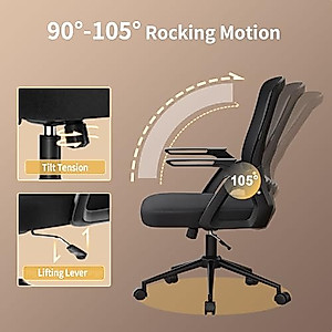 naspaluro Office Computer Desk Chair Ergonomic Mesh Flip-Up Arms Comfy Chair with Mid Back Cushion Lumbar Support Adjustable Height Tilt Swivel Chair for Home Bedroom Study Working, Black