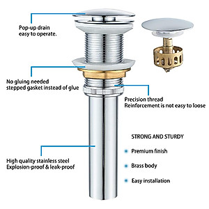 Bathroom Sink Drain Without Overflow with Strainer Basket Detachable Vessel Sink Lavatory Vanity Pop Up Drain Stopper Polished Chrome