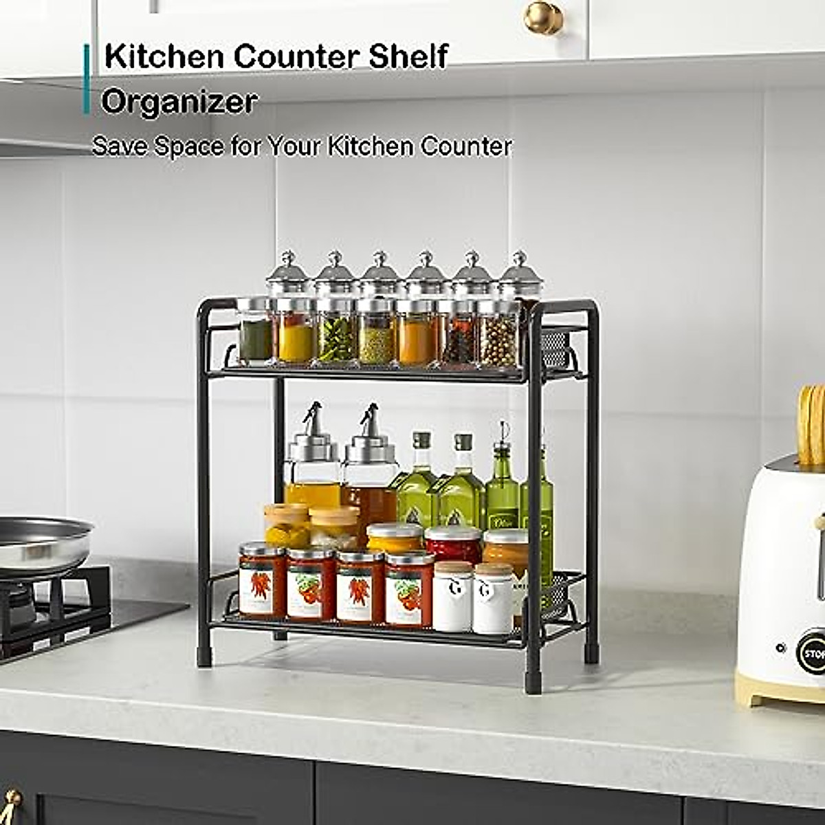 BOKIOVIN Coffee Stand Station Organizer for Countertop,Coffee Bar Organizer Accessories Shelves for Kitchen Counter 2 Tier(Black)