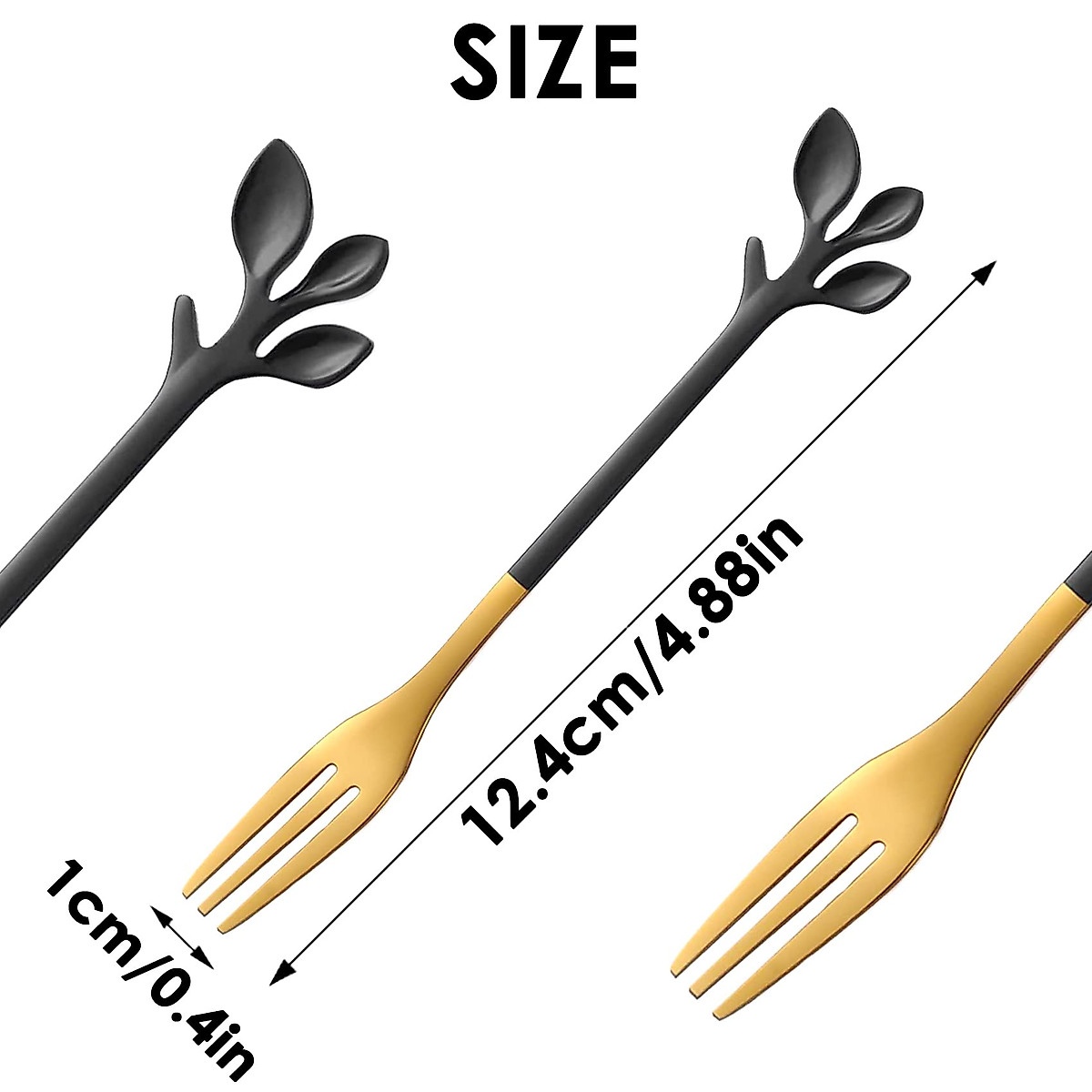 Rovepic 10 Pack Stainless Steel Appetizer Cake Fruit Forks Black Leaf Creative Tasting Dessert Mini Gold 3-Tined Forks Birthday Parties Events Kitchen Accessory Stirring Fork Set 4.8 inch