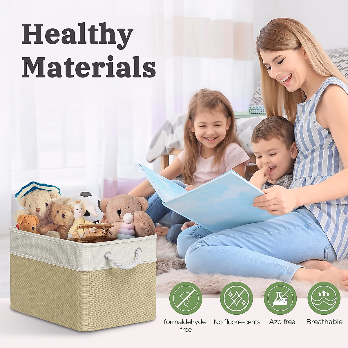 KITCSTI Fabric Storage Baskets for Shelves | Closet Storage Bins | Linen Cloth Baskets with Handle for Organizing (Beige and White, Extra Large - 3 Pack)