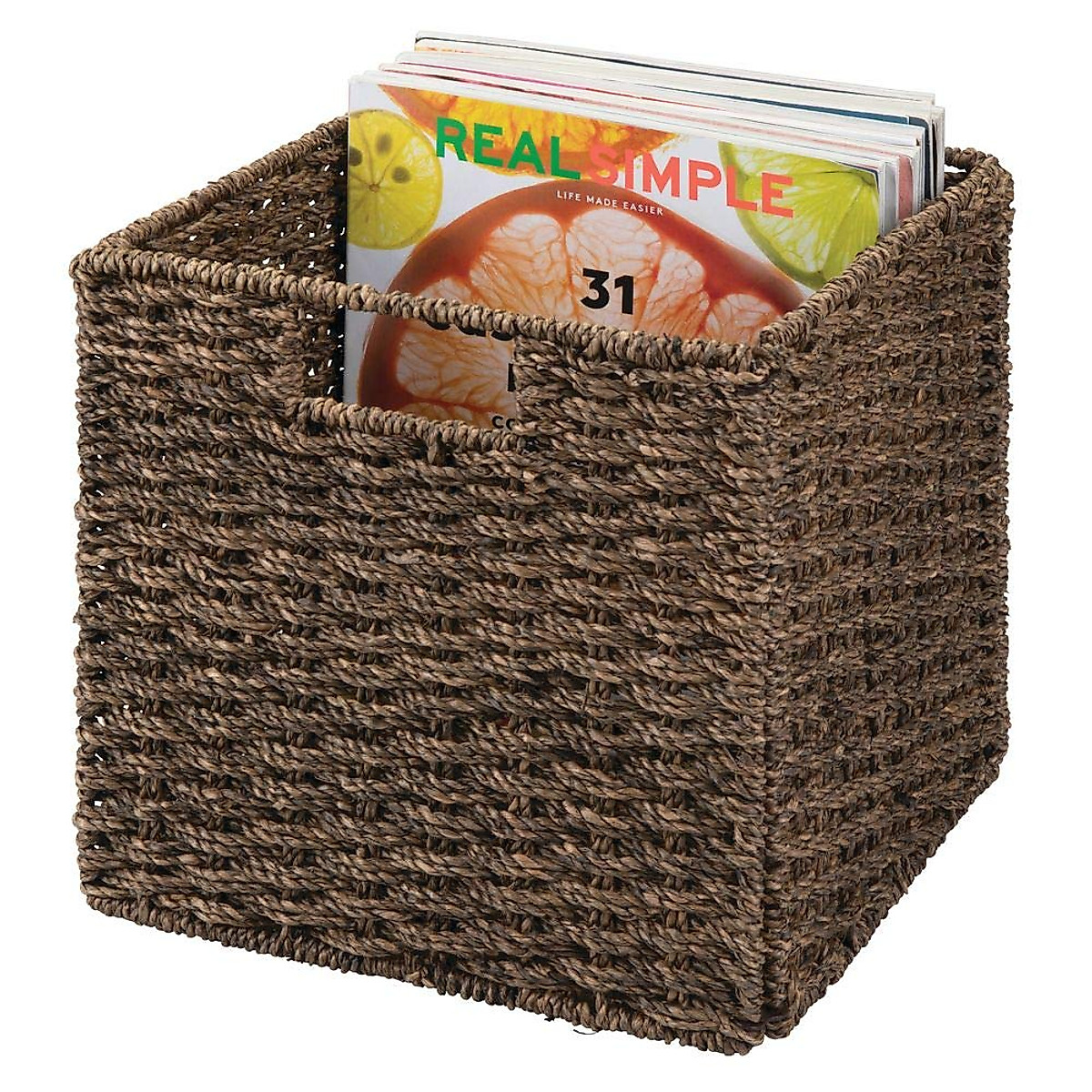 mDesign Natural Woven Seagrass Closet Storage Organizer Basket Bin - Collapsible - for Cube Furniture Shelving in Closet, Bedroom, Bathroom, Entryway, Office - 10.5" High, 2 Pack - Chestnut Brown