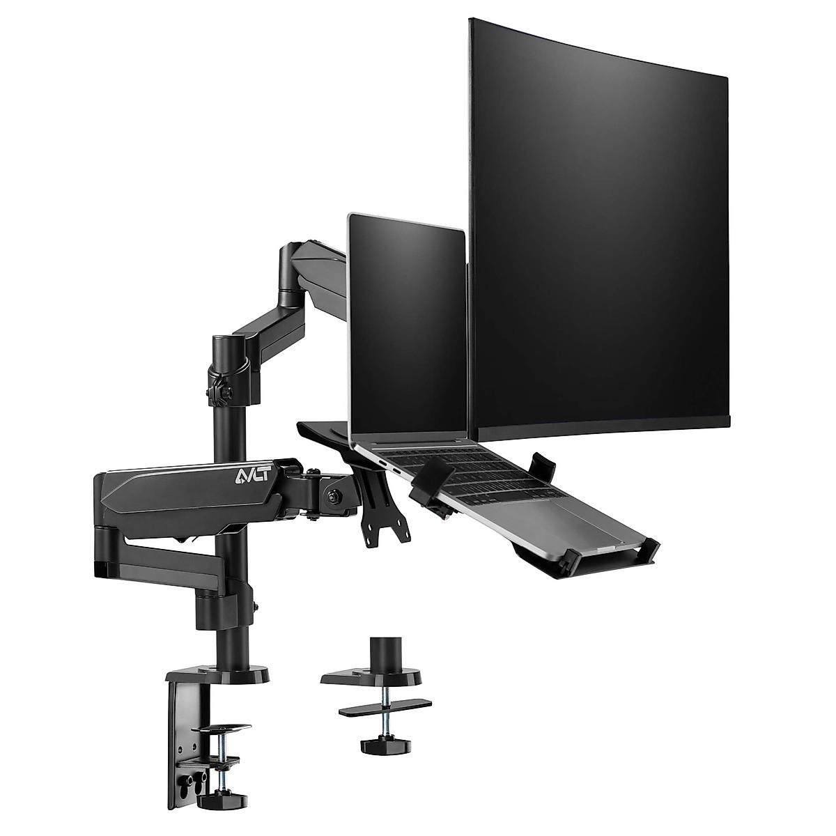 AVLT Laptop and Monitor Arm Tall Pole - Mount 15.6" Notebook and 32" Monitor on 2 Full Motion Adjustable Arms - Organize Your Work Surface with VESA Monitor Desk Mount