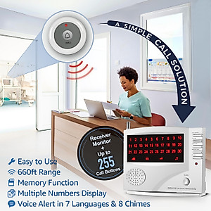 SYNLETT Wireless Calling System, Caregiver Pager for Nurses Station, 10 Waterproof Call Buttons with 1 Monitoring Unit for Emergency, Patients Seniors Clinic, 11 Languages Alert, White