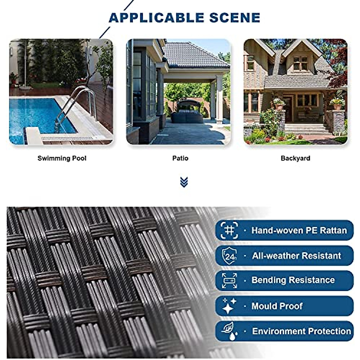 Kullavik Outdoor Patio Furniture Set 12 Pieces Sectional Rattan Sofa Set Brown PE Rattan Wicker Patio Conversation Set with 10 Navy Blue Seat Cushions and 2 Tempered Glass Table