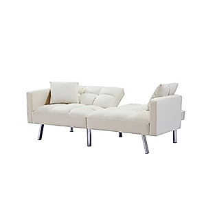 LCH Modern Tuft Futon Couch Convertible Loveseat Sleeper Reclining Sofa Bed Twin Size with Arms and 2 Pillows for Living Room, Beige