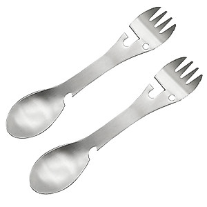 Pinenjoy 2Pcs Camping Multi-Function Spork 5 in 1 Spoon Fork Knife Can Bottle Opener Combo 18/10(304) Stainless Steel Portable Utensils for Outdoor Picnic Hiking Fishing Boating BBQ Travel