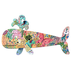 DJECO 150 Piece Shaped Jigsaw Puzzle w/Poster - Challenging Activity for Home, School or Gifts - Fun & Creative for Family & Friends, Educational Ocean Puzzle for Kids 6+ - Whale