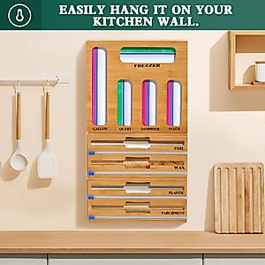 Calmbee Storage Bag Organizer and Wrap Dispenser with Cutter, 9 IN 1 Bamboo Foil and Plastic Wrap Organizer for Kitchen Drawer, Plastic Bag Organizer for Gallon, Quart, Sandwich, Snack