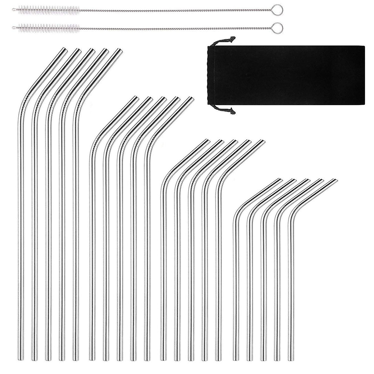 Reusable Stainless Steel Drinking Straws, 20 Pcs 4 Size - 6.3'' 7.1'' 8.5'' 10.5'', BPA Free Long Short Smoothie Drinking Curved Bent Straws with 2 Brushes and Carry Bag, Fit for 10/20/30 oz Tumblers
