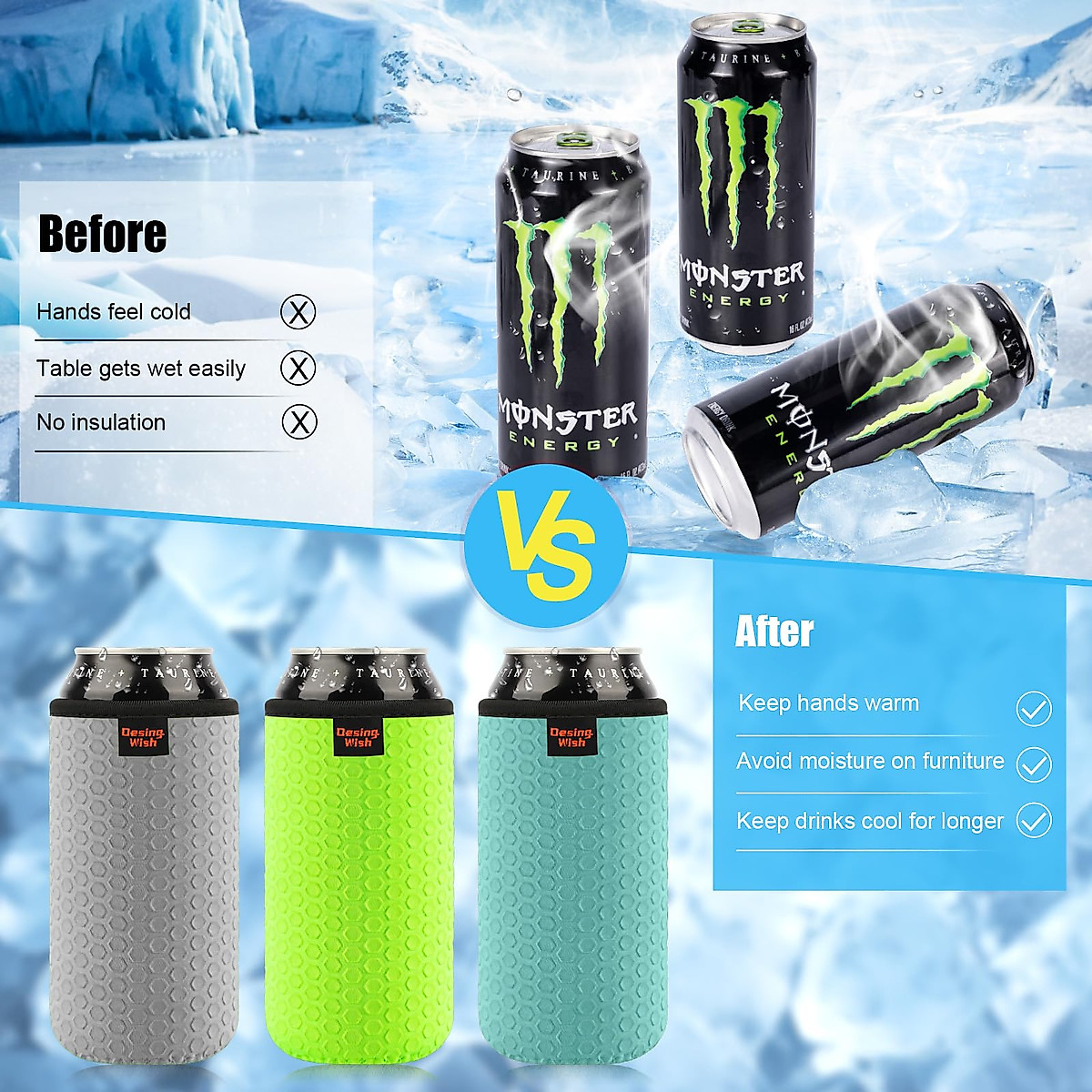 Desing Wish 4 Pack 16oz Can Cooler Sleeves Honeycomb Embossing Insulated Neoprene Soda Cans Sleeves Holders Non-slip Can Insulator Sleeves - Orange/Green/Cyan/Grey