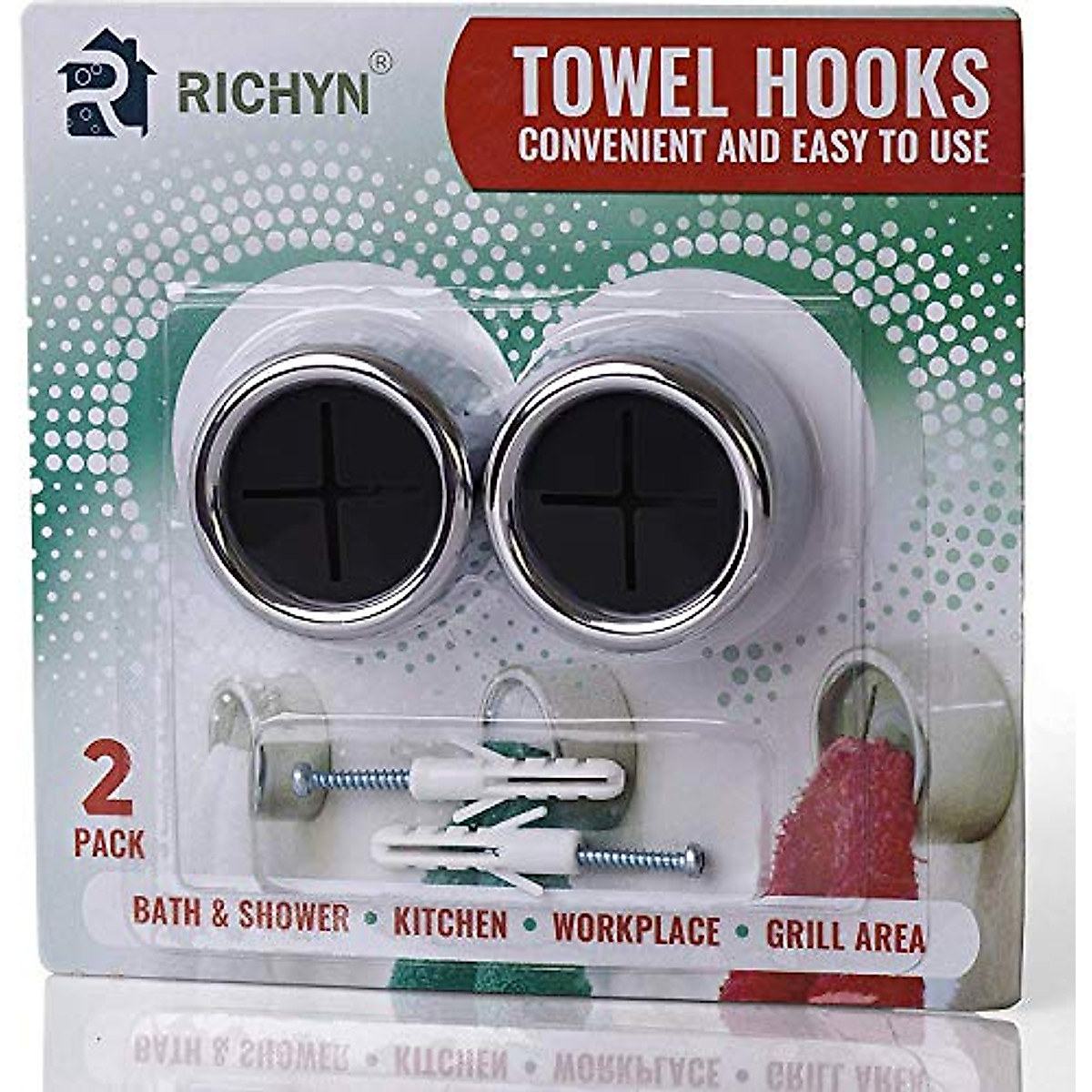 RICHYN Kitchen Towel Hooks Black – Set of 2 self Adhesive Towel Hook – Premium Chrome Finish & Easy Installation – Firmly Holds Towel Without Tearing – Ideal as Bathroom, Outdoor Towel Holders