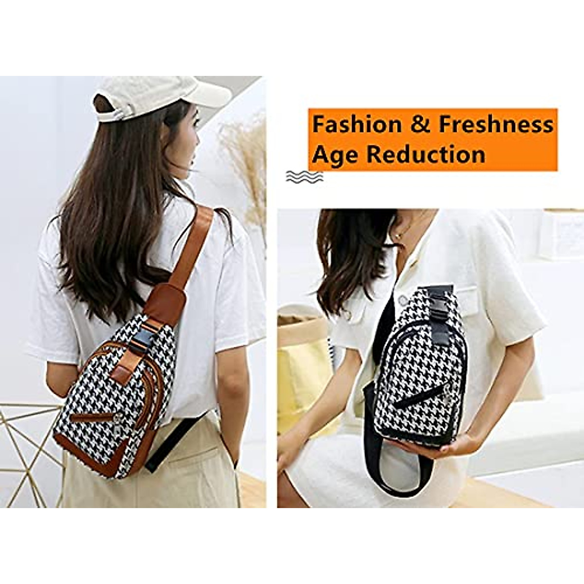 DAISHA Houndstooth canvas Casual Sling Backpack Multi-pocket,Travel Hiking Chest Bag Crossbody Daypack for Men & Women., Black, ytt3717