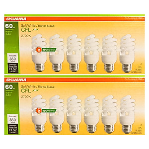 LEDVANCE (12 Bulbs) Sylvania CFL T2 Twist Light Bulb, 2700K Soft White, 60 watt Equivalent, Efficient 13 watts, 850 Lumens, Medium Base - 12 Pack Compact Fluorescent