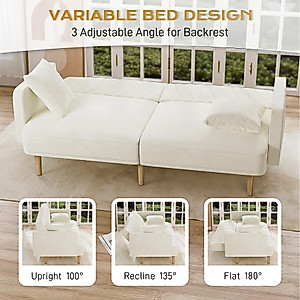 OUYESSIR Futon Sofa Bed, 75.3", Couch, Small Sofa, Sleeper Sofa, Loveseat, Mid Century Modern Velvet Futon Couch with 2 Pillows for Living Room (Beige White Velvet, Futon)