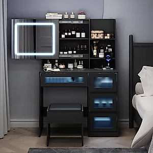 Fameill Vanity Desk with LED Sliding Mirror, Dressing Table with 4 Drawers and Stool Set, RGB Lights, Makeup Vanity 3 Color Lighting Modes Adjustable Brightness, Charging Station, Black