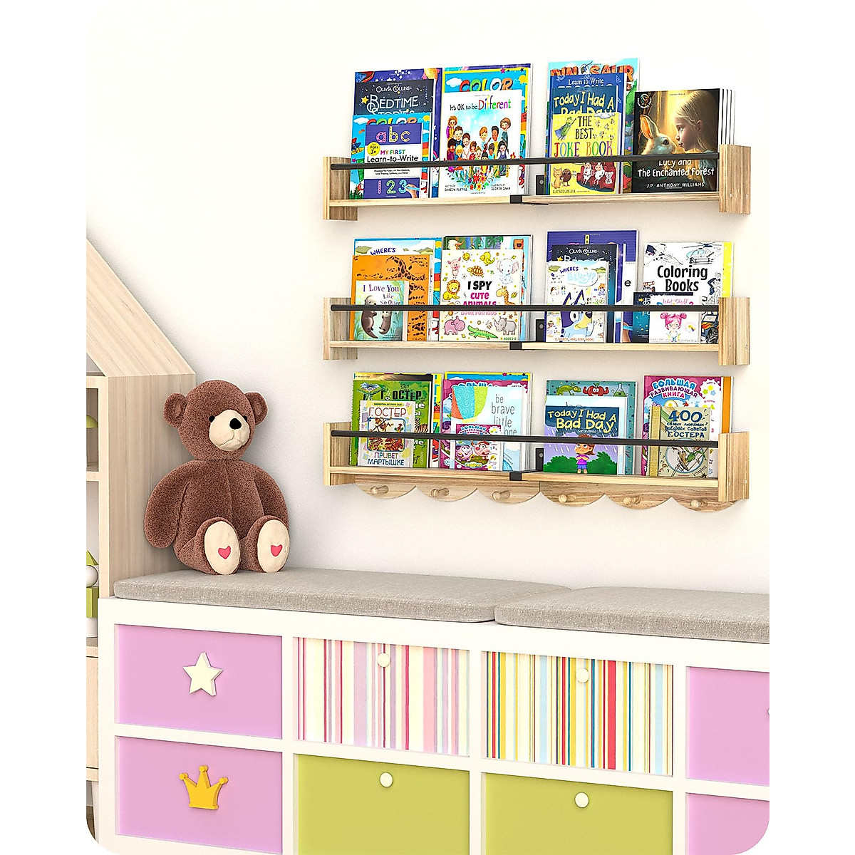 Book Shelf for Kids Rooms, Nursery Book Shelves, 33.5 inch Floating Book Shelves for Wall Set of 3 Great for Living Room, Kids Room, Bedroom.