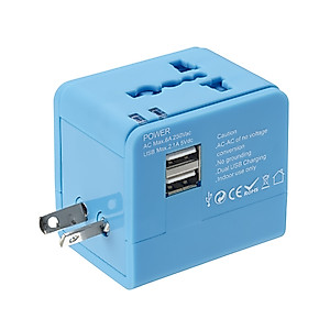 Lewis N. Clark Global Wall Adapter + Portable Charger with Dual USB Ports for Standard + Recessed Outlets (over 175 countries) for Cell Phones, Tablets, Laptops, Blue
