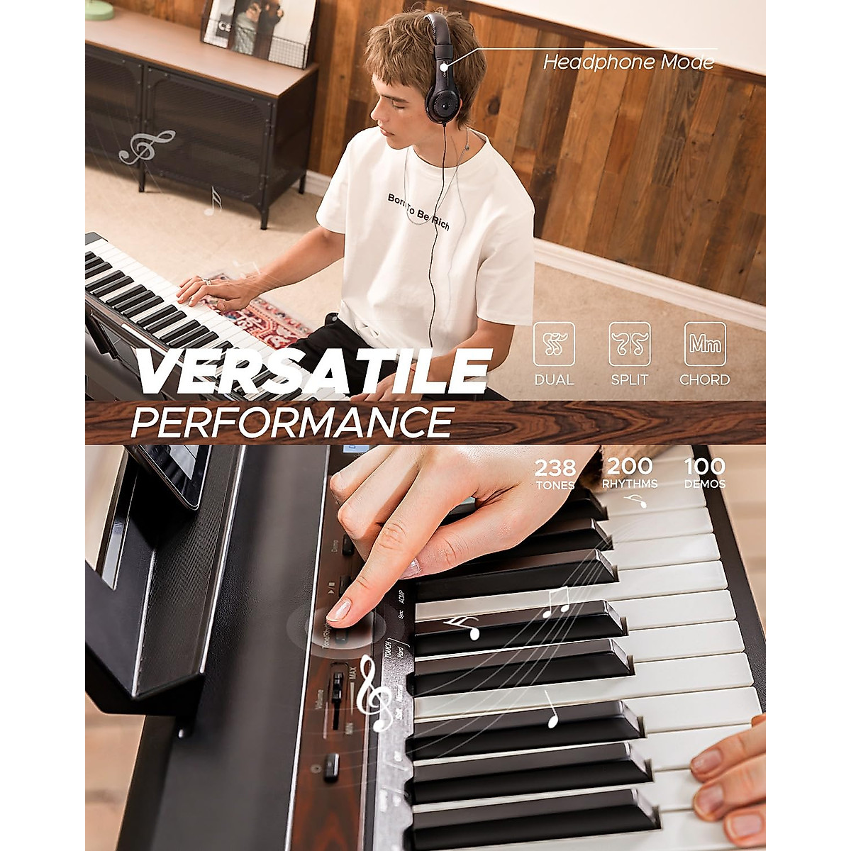 Starfavor SP-150W Digital Piano,88 Key Weighted Keyboard with Hammer Action,2x30W Speakers,200 Rhythms,238 Tones, Electric Piano Keyboard 88 Keys with Triple Pedal, Wood Grain Pattern, MIDI/USB