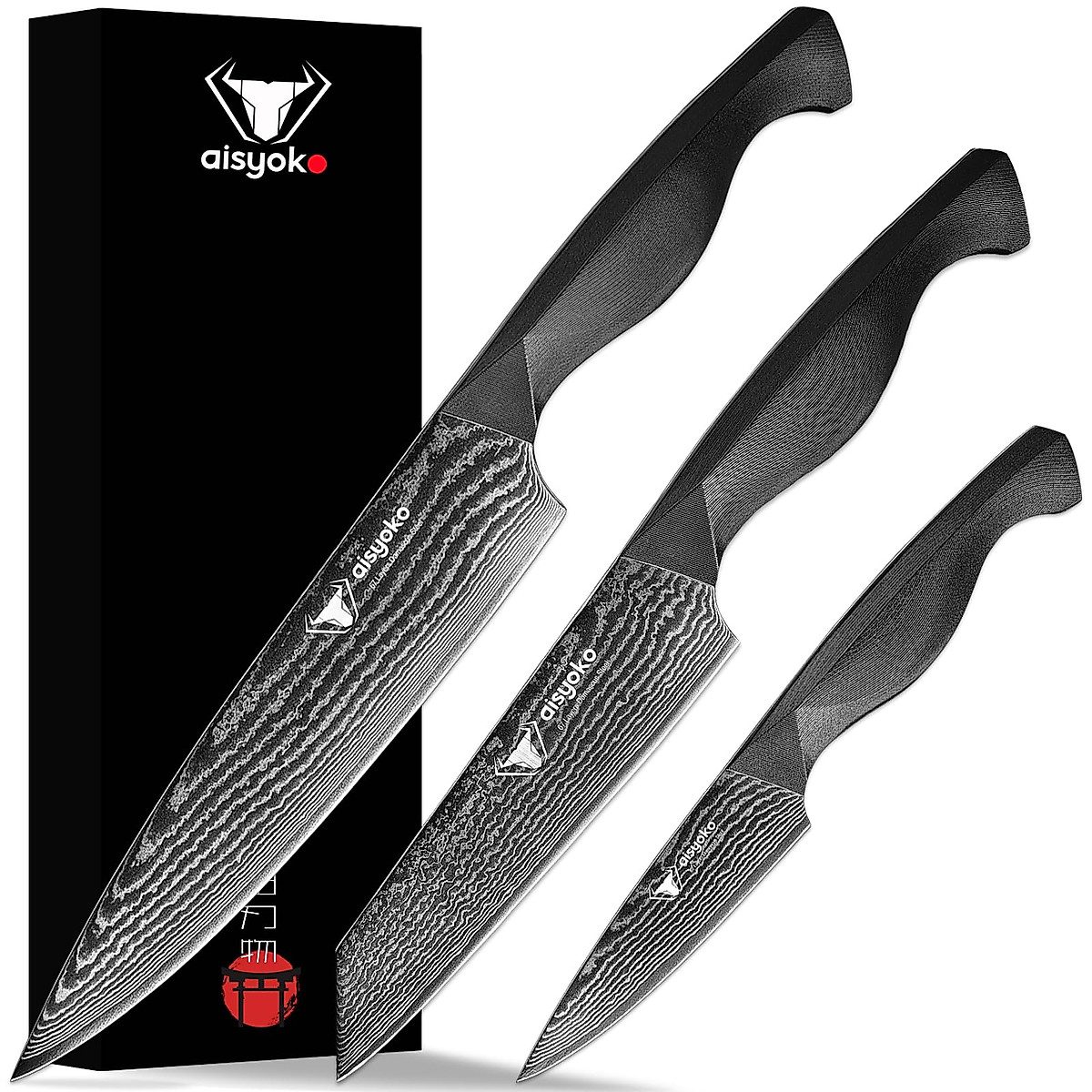 aisyoko 8C Damascus Knife Set 3PC Chef Knife,Kitchen knife,paring knife,High Carbon Stainless Steel,Ergonomic Full Tang ABS Anti-Skid Handle,Professional Japanese Cooking Knife with Luxury Gift Box