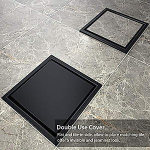 USHOWER 6 Inch Square Shower Floor Drain with Reversible 2-in-1 Tile Insert Cover,6" Matter Black Tiled Insert Drain Grate 304 Stainless Steel, Includes Flange Base & Hair Strainer