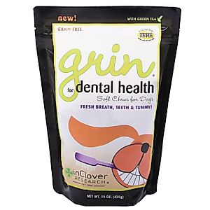In Clover Natural Dental Treat Chew for Dogs, Grin, Fresh Breath Dog Chew Treat with Prebiotics, Fresh Breath Tartar Control Chew for Dogs, Daily Chew Supplement for Dogs Supports Dog Gums and Teeth