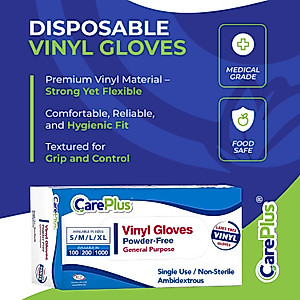 Care Plus Disposable Vinyl Gloves Medium Size| Heavy Duty | Non Sterile | Powder Free | Latex Free Rubber | 100 Count Box |food Safe