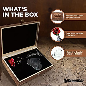 GreenCor Anniversary for Wife | Her | Women Engraved Wooden Gift Set 'to My Beautiful Wife' Includes Crystal Engraved Heart | 24K Gold Dipped Rose for Birthday Gifts & Valentines Day
