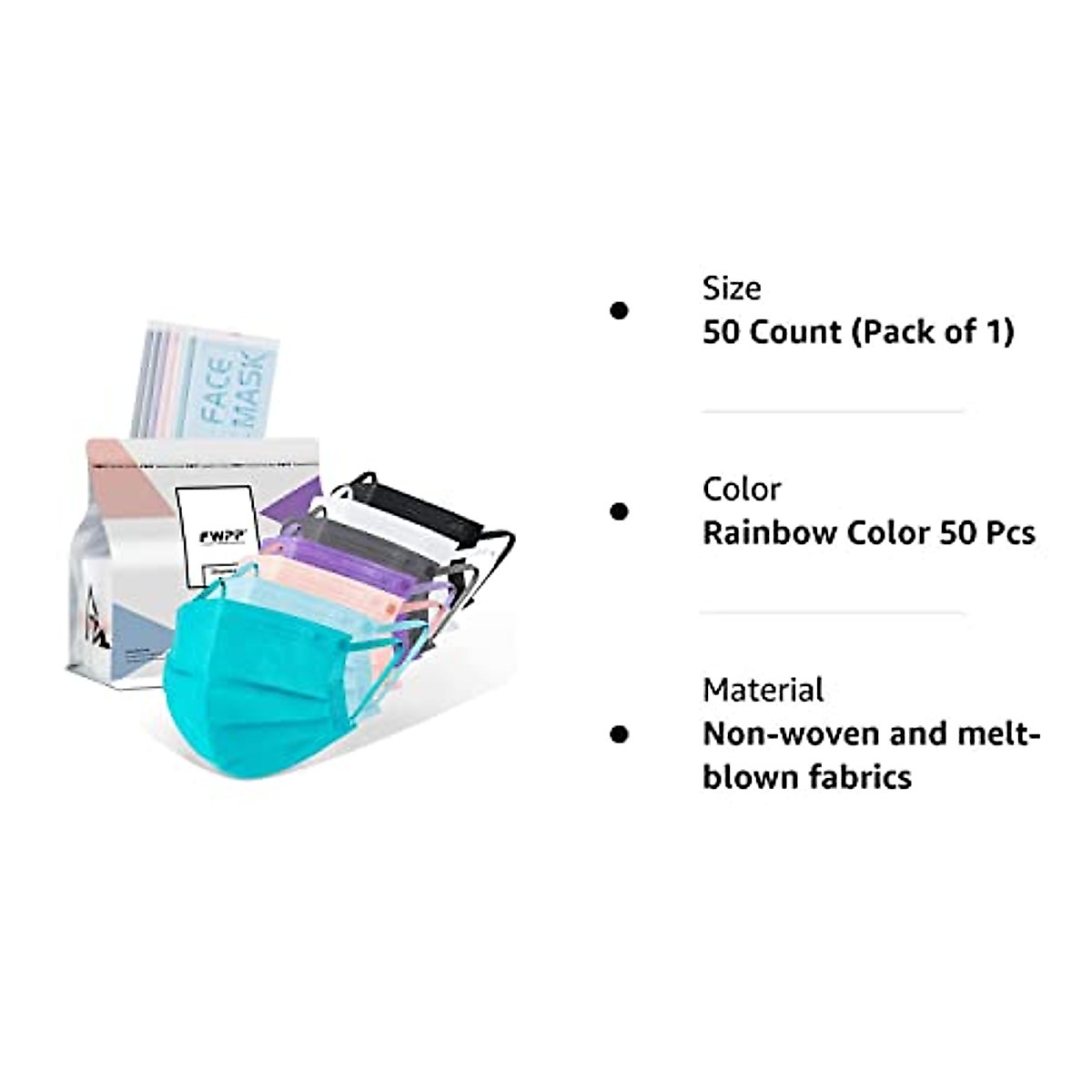 FWPP 4 Layer Individually Wrapped Earloop Disposable Face Masks 50 Pcs Rainbow Color